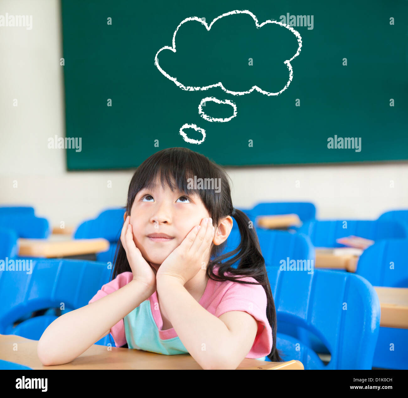 little girl in the classroom with thinking cloud symbol Stock Photo - Alamy