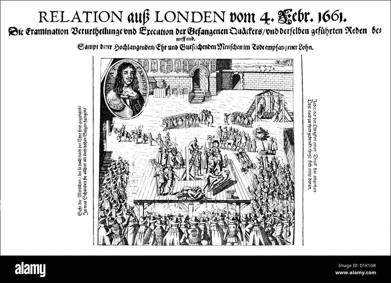 Historic drawing, German pamphlet on the execution of Quakers in London ...