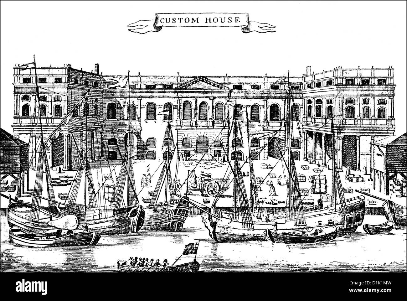 Historical drawing, the customs port of London, England, in the 17th ...