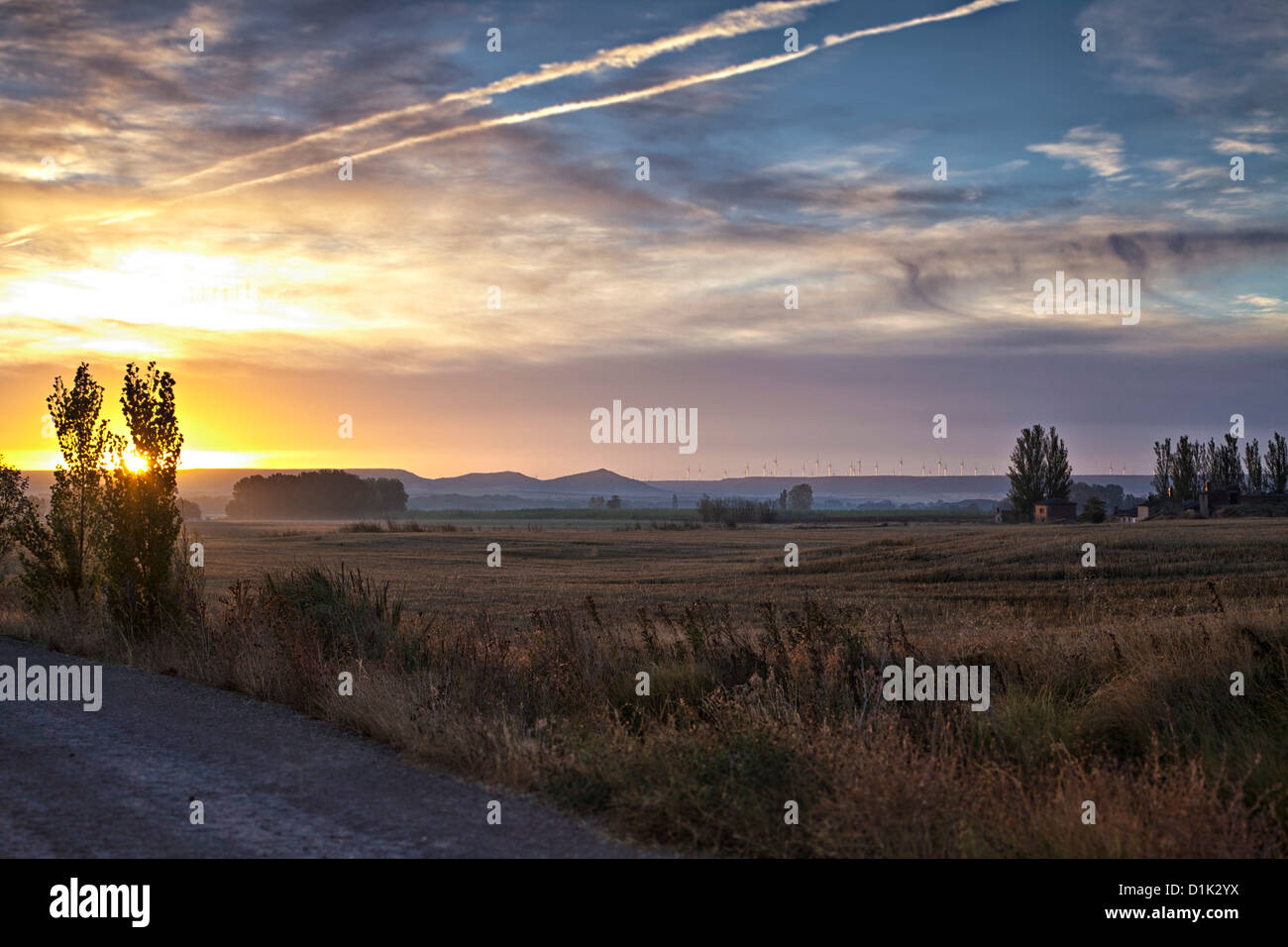 Sunrise over the plains of Spain, beautiful colorful clouds in the sky ...