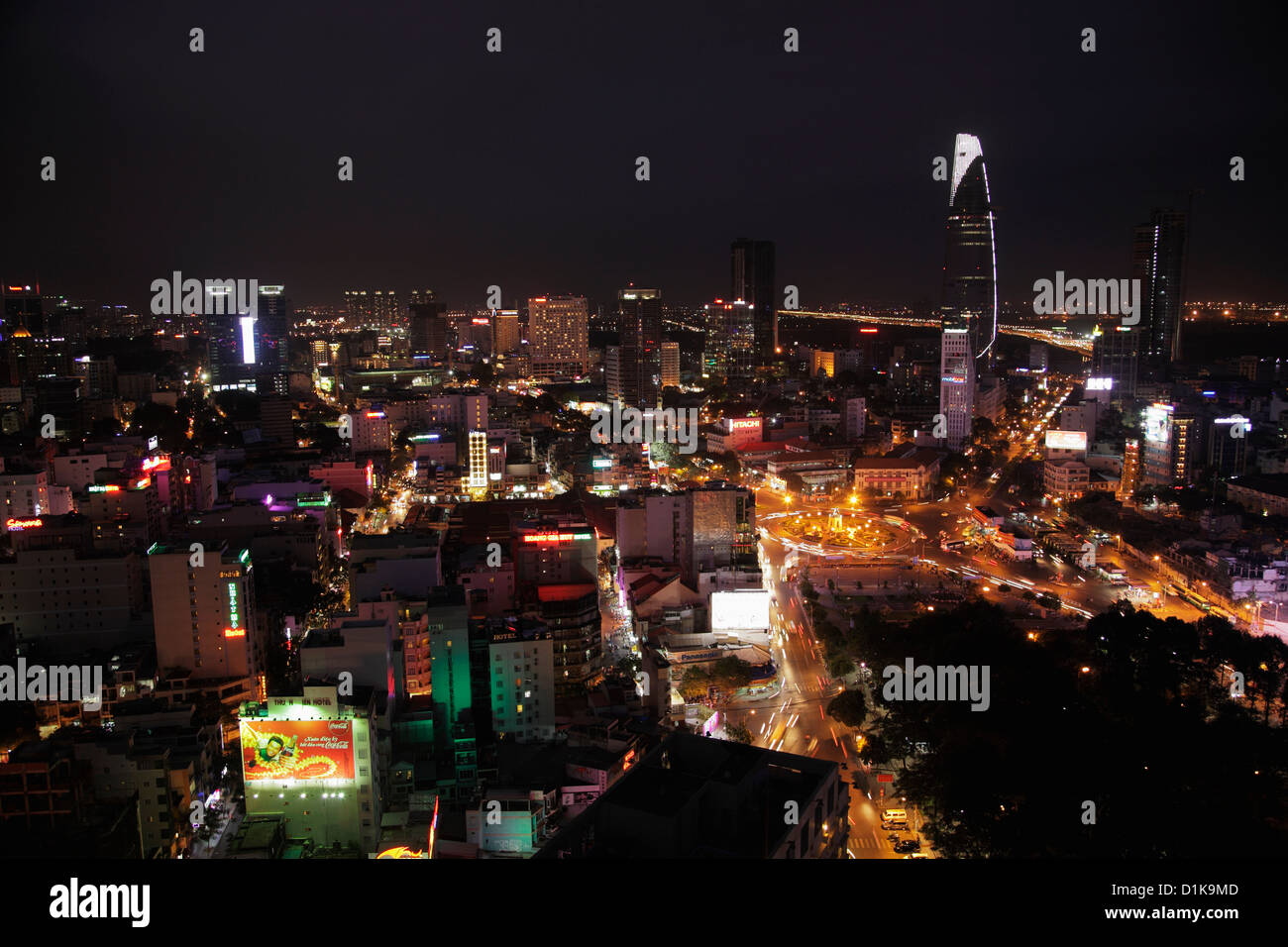 Aerial view at night of Ho Chi Minh city with Bitexco Financial Tower ...