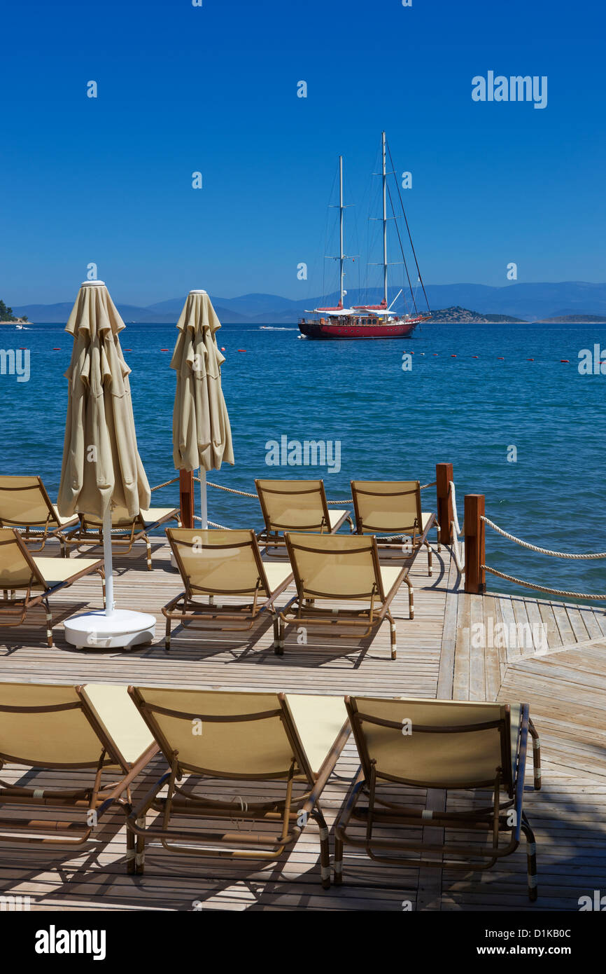 View from a beach swimming platform towards Torba Bay. Torba village ...
