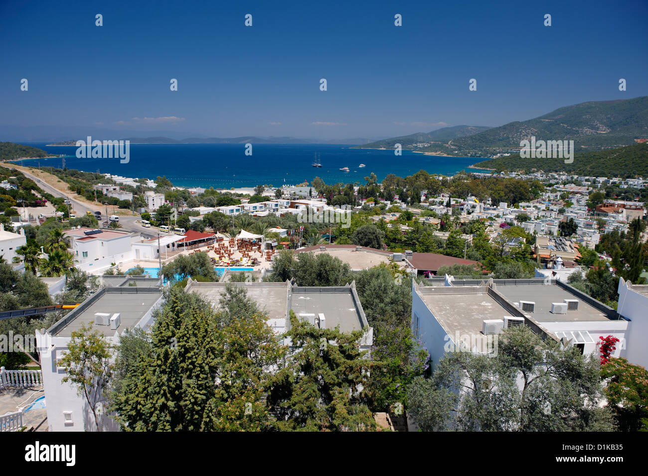 Elevated view of Torba village and bay. Bodrum peninsula, Mugla ...