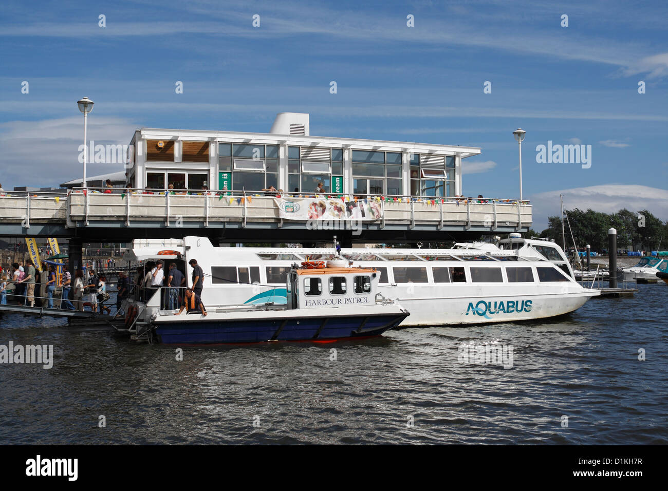 Cardiff Bay Aquabus about to depart from Mermaid Quay waterfront Wales ...