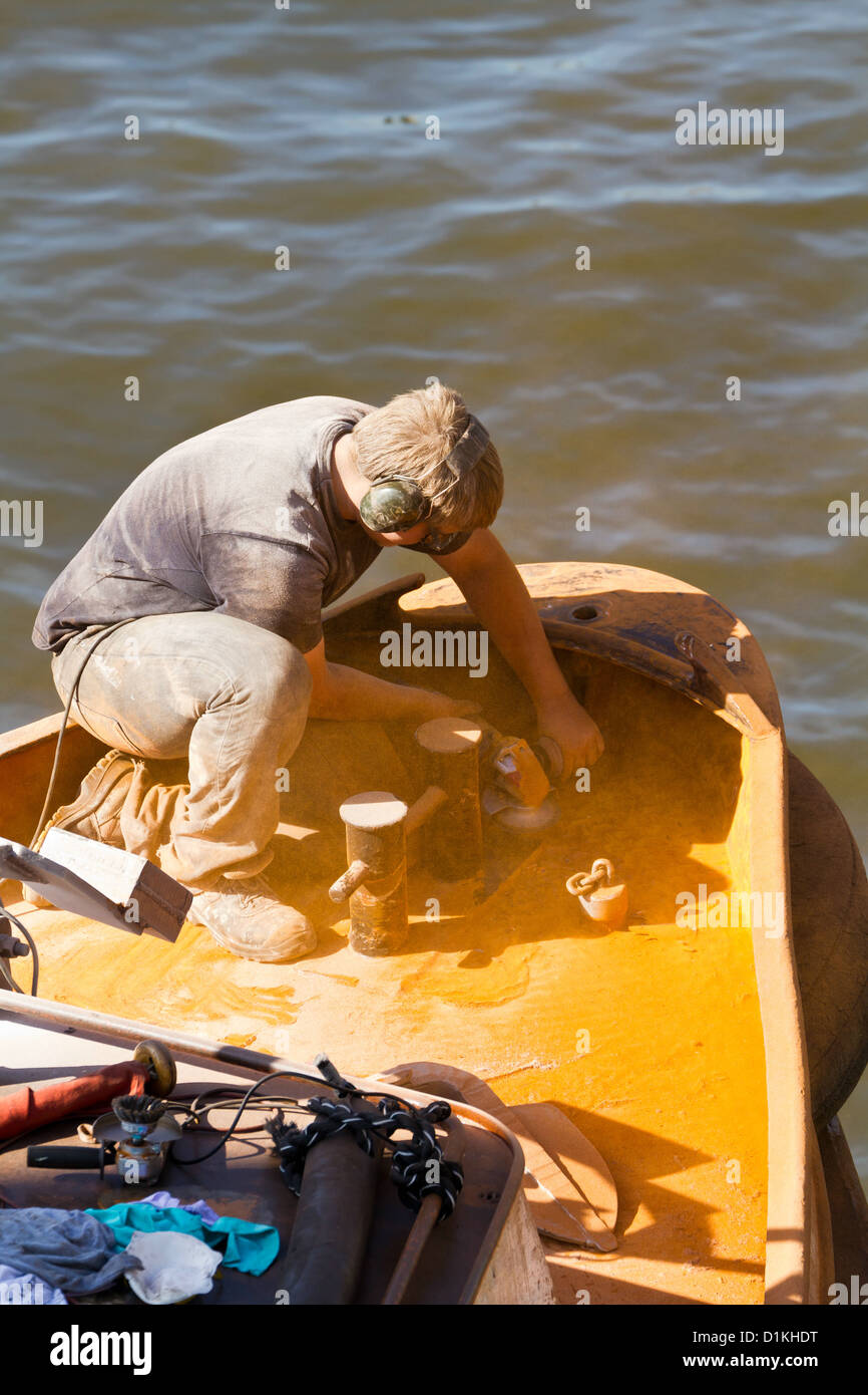 Man working on a Boat in the Port of Hamburg, Germany Stock Photo - Alamy