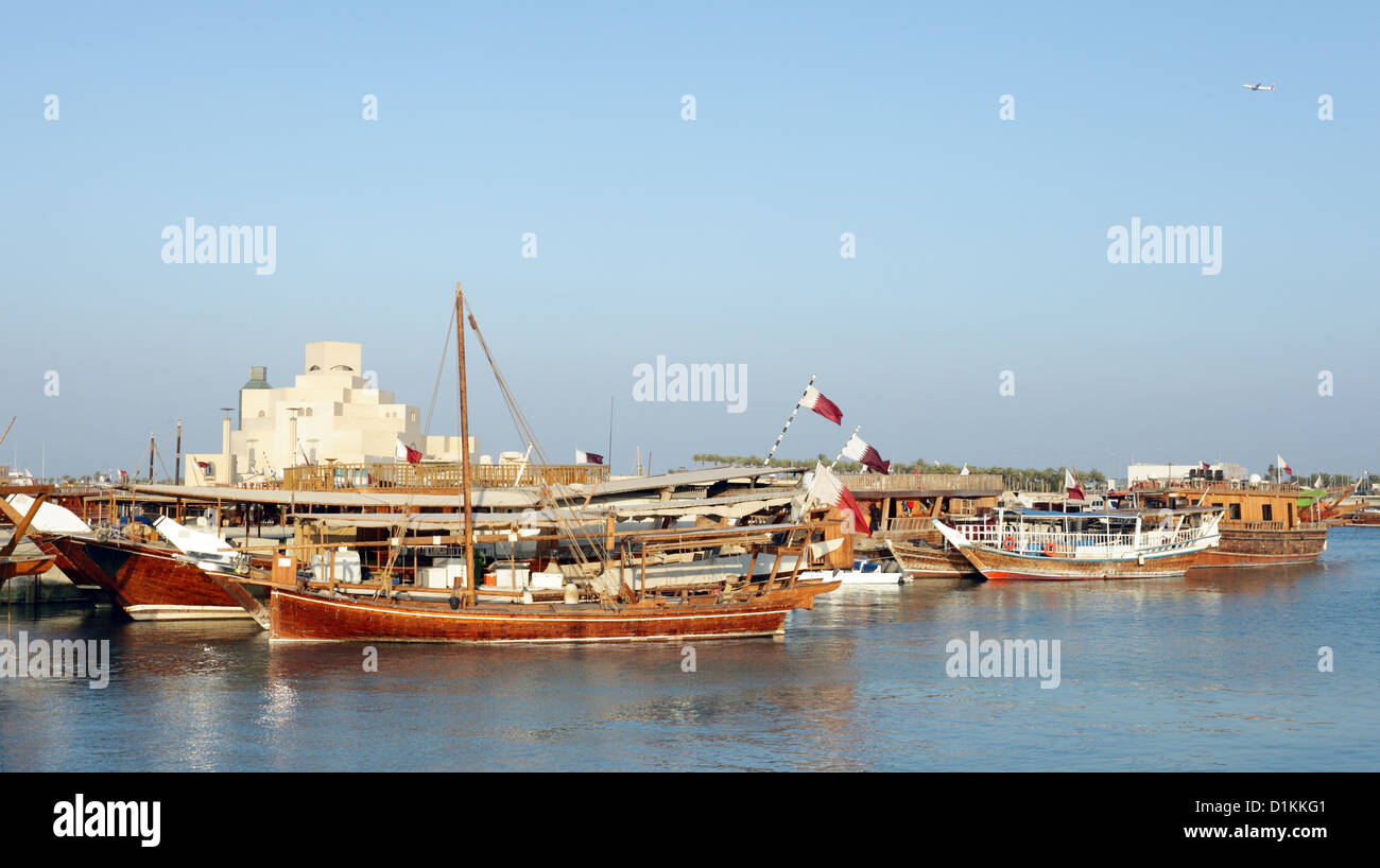 The old dhow harbour in the centre of Doha, Qatar, with the Museum of ...