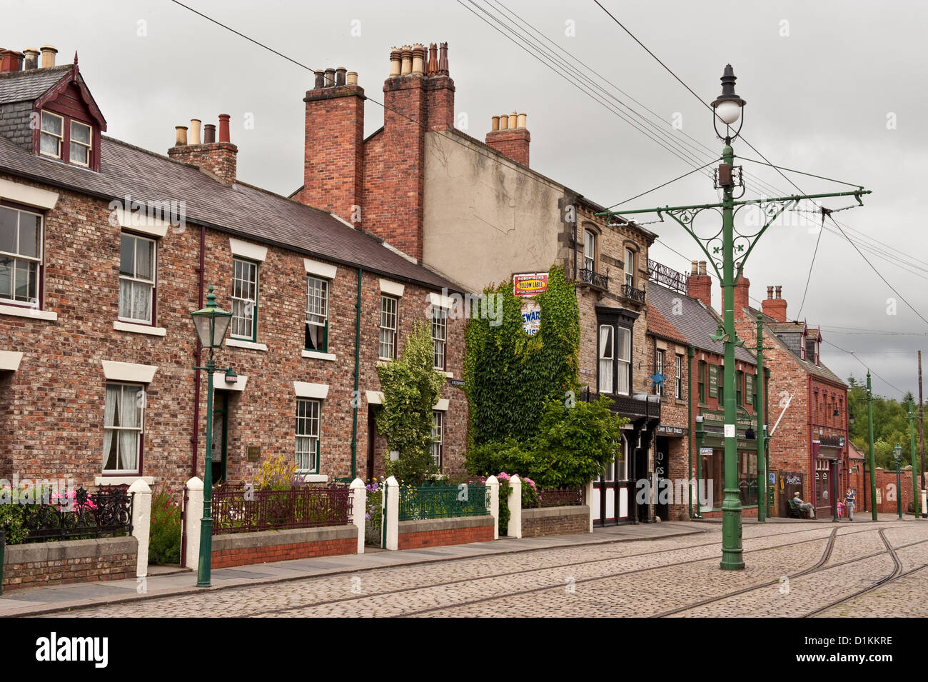 Cobbled street and tram-lines in Beamish museum. County Durham, England ...