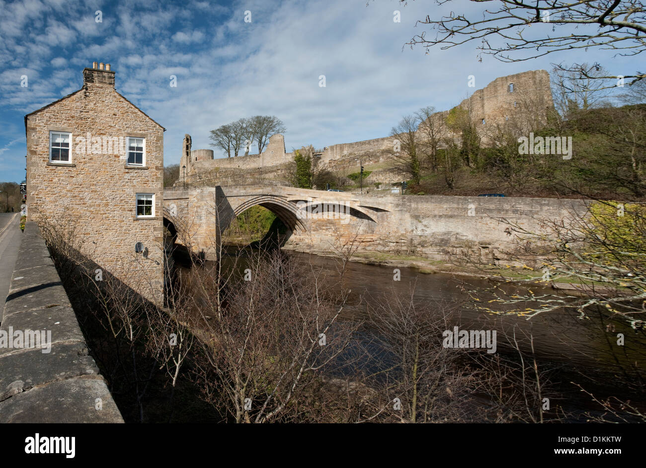 Bridge and castle on hilltop overlooking River Tees. Barnard Castle ...