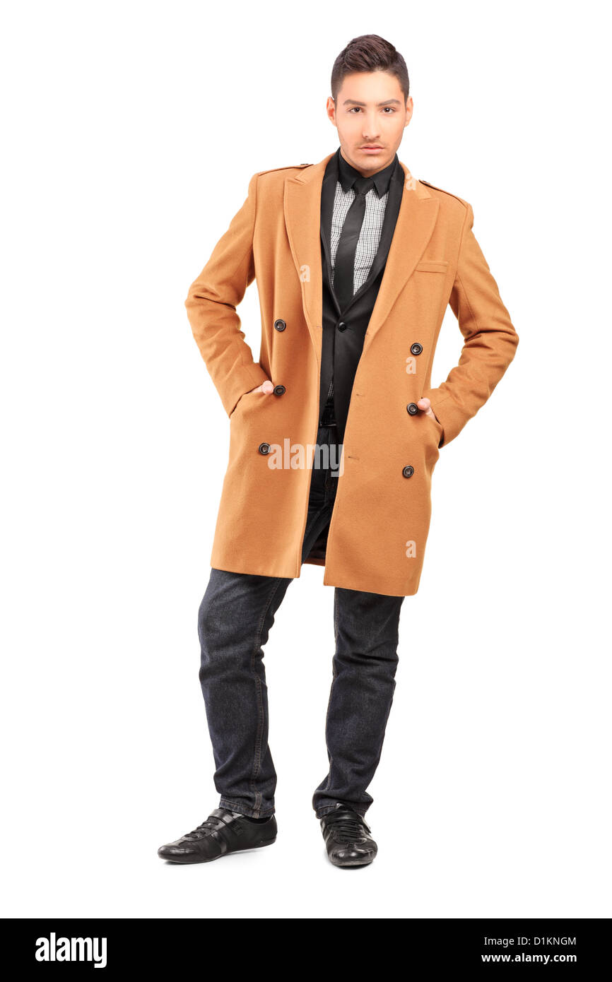 Full length portrait of a handsome smiling man wearing coat isolated on ...