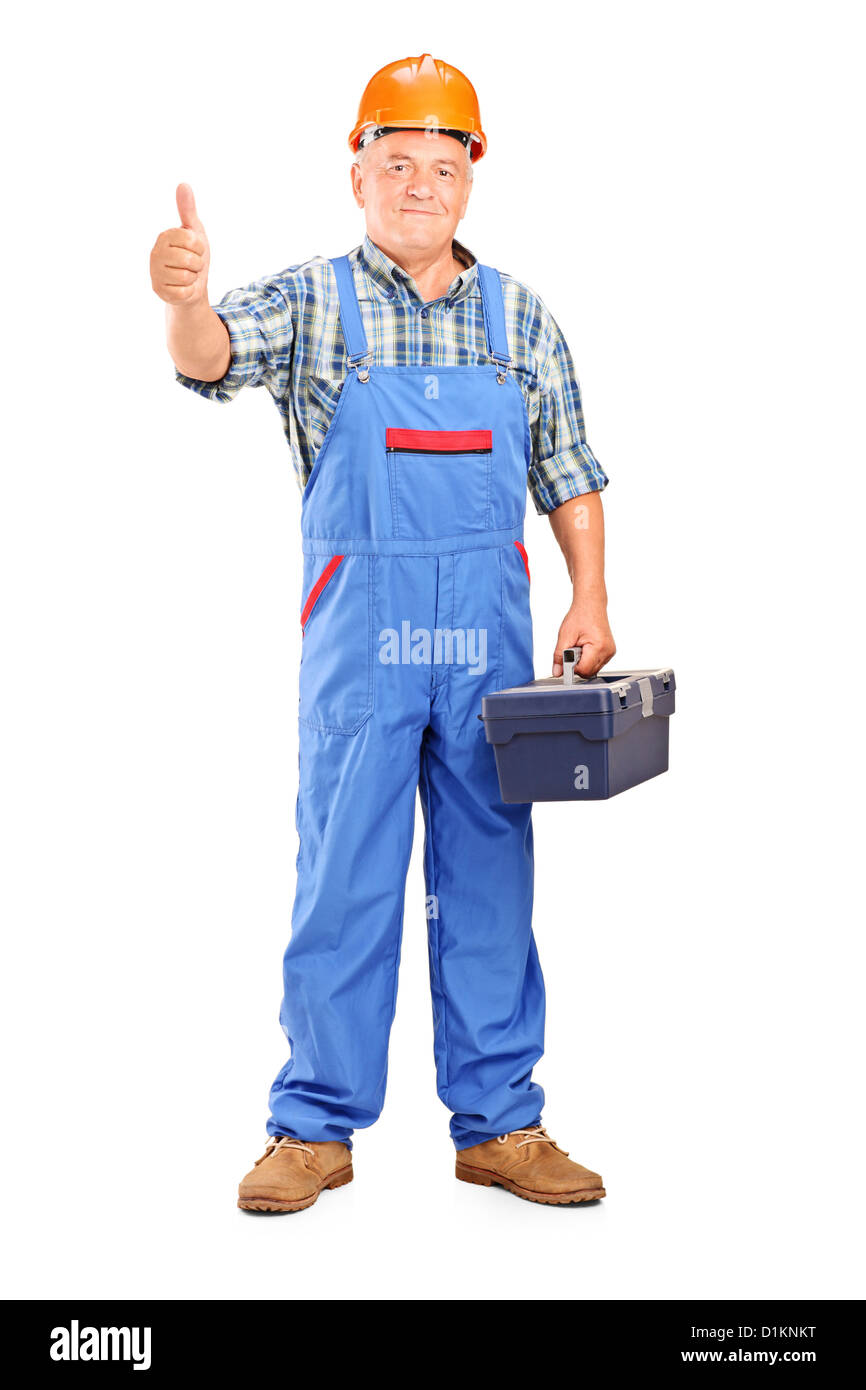 Full length portrait of a manual worker holding tool box and giving a ...