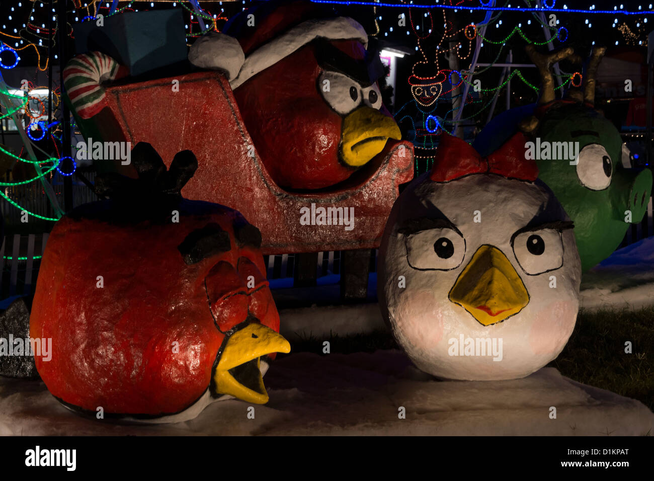 Paper mache statues of angry birds in a Christmas display at Hidlago ...