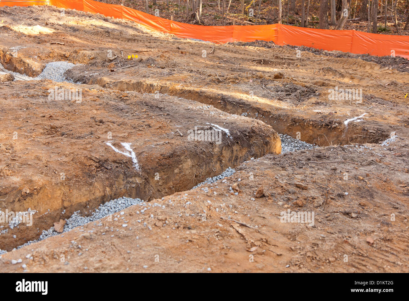 Trench filled with gravel and rebar on top in preparation for house ...