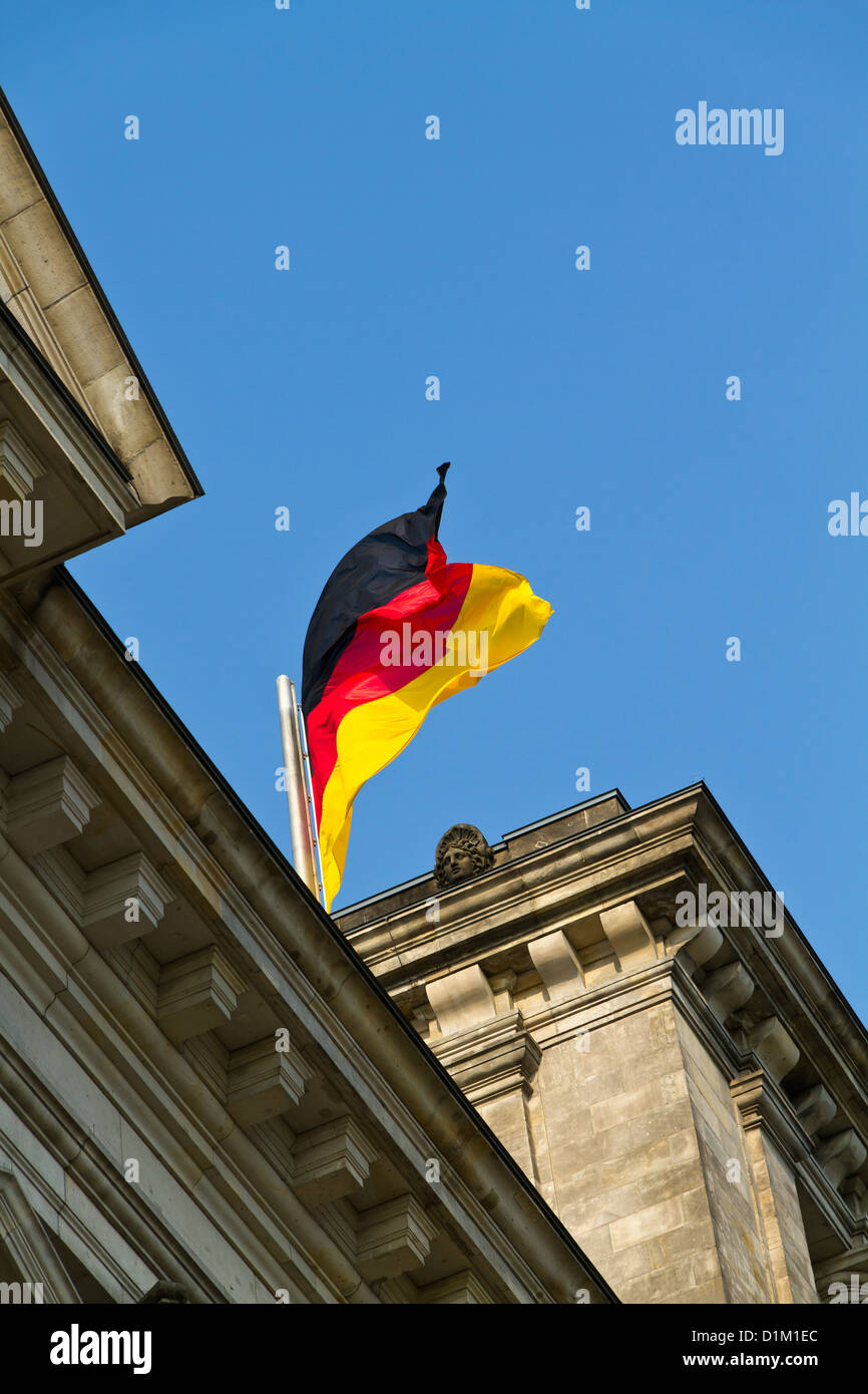The German Flag waving from the Reichstag in Berlin, Germany Stock ...