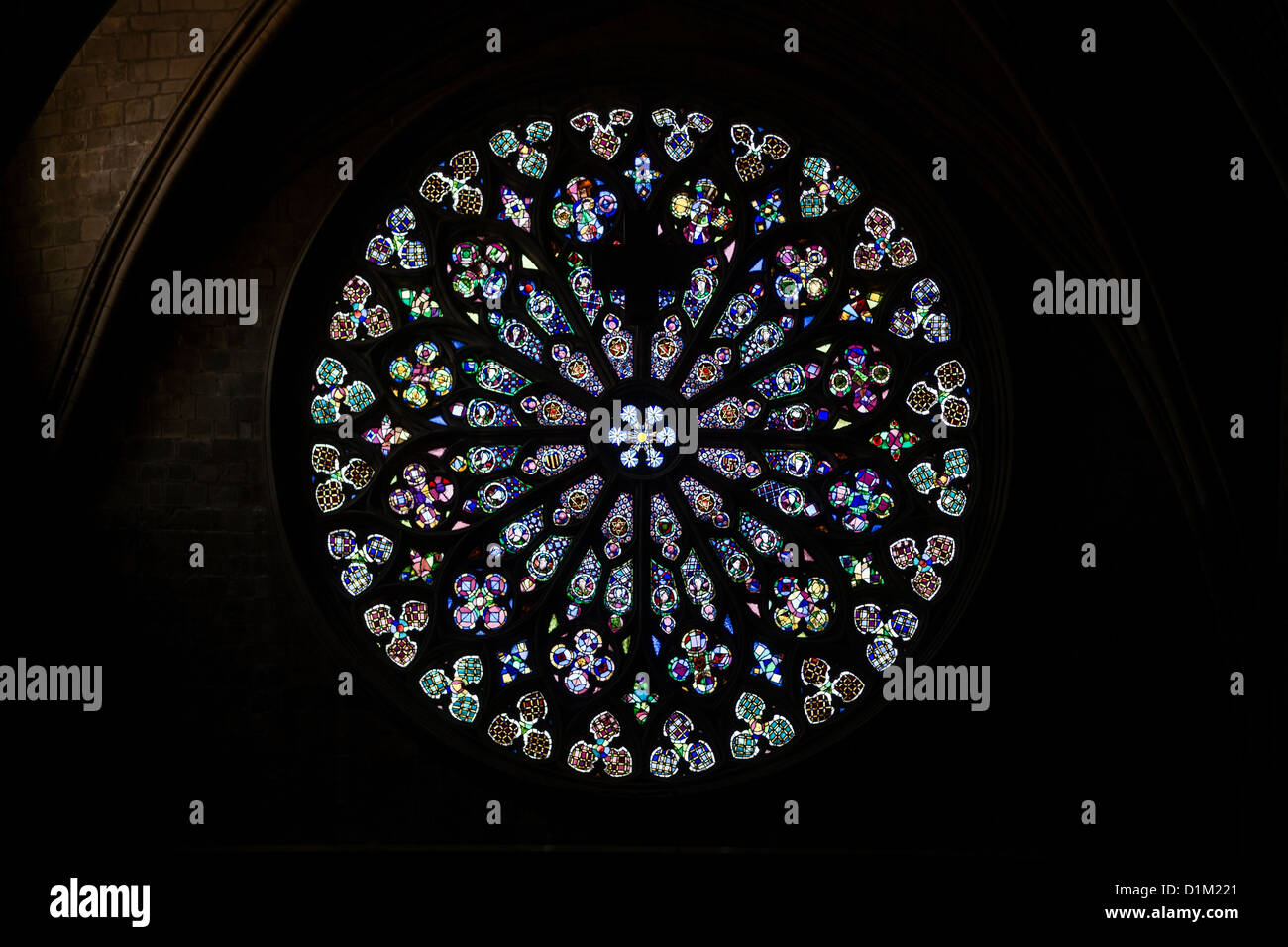 Stained glass window at the church Santa Maria del Pi in Gothic Quarter ...