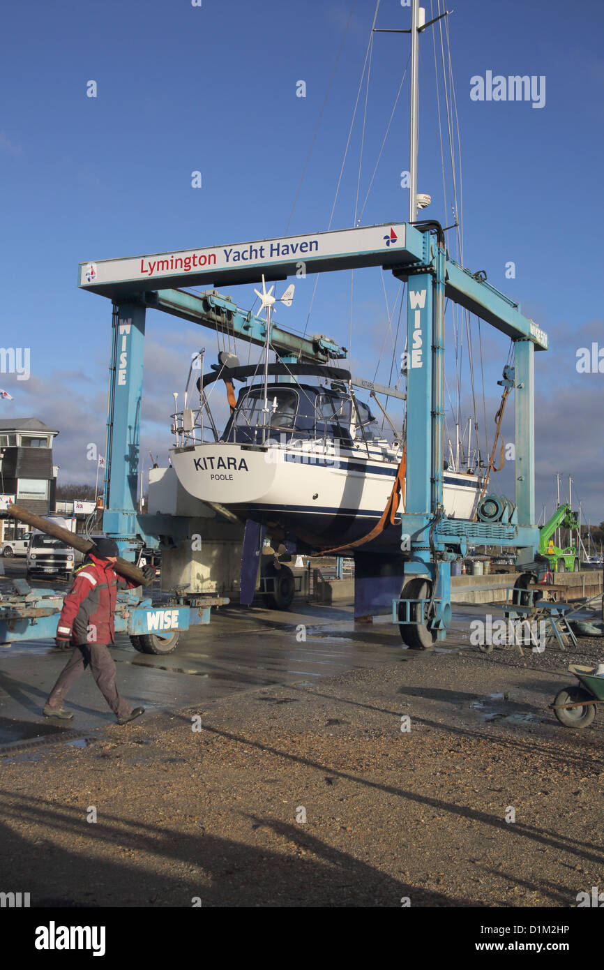 crane lifting boats at the sailing marina at lymington on the hampshire ...