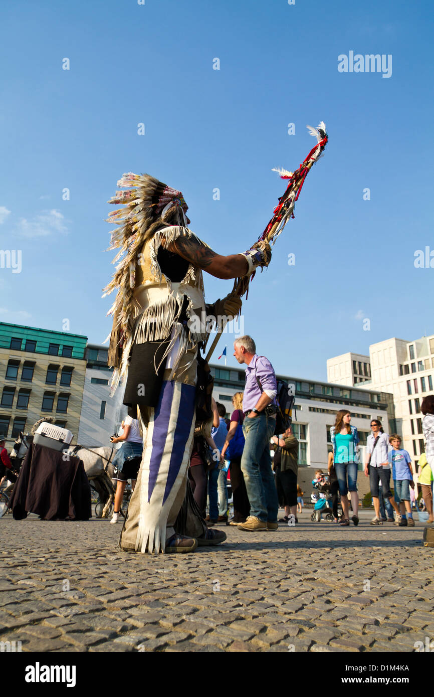 Actors performing as native American Indian at the Brandenburg Gate in ...