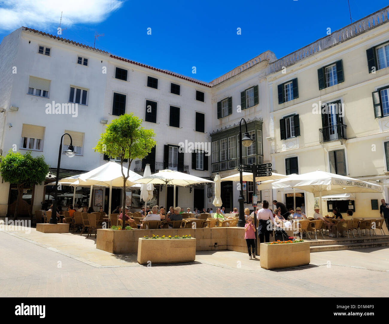 Mahon City centre corner street café bar restaurant Balearic islands ...