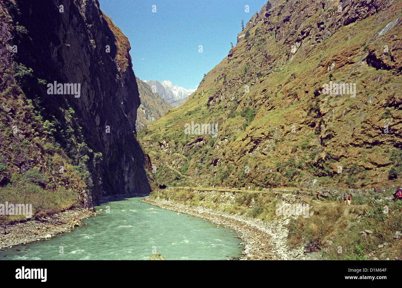Marsyangdi River flowing down precipitous valley near Bratang on ...
