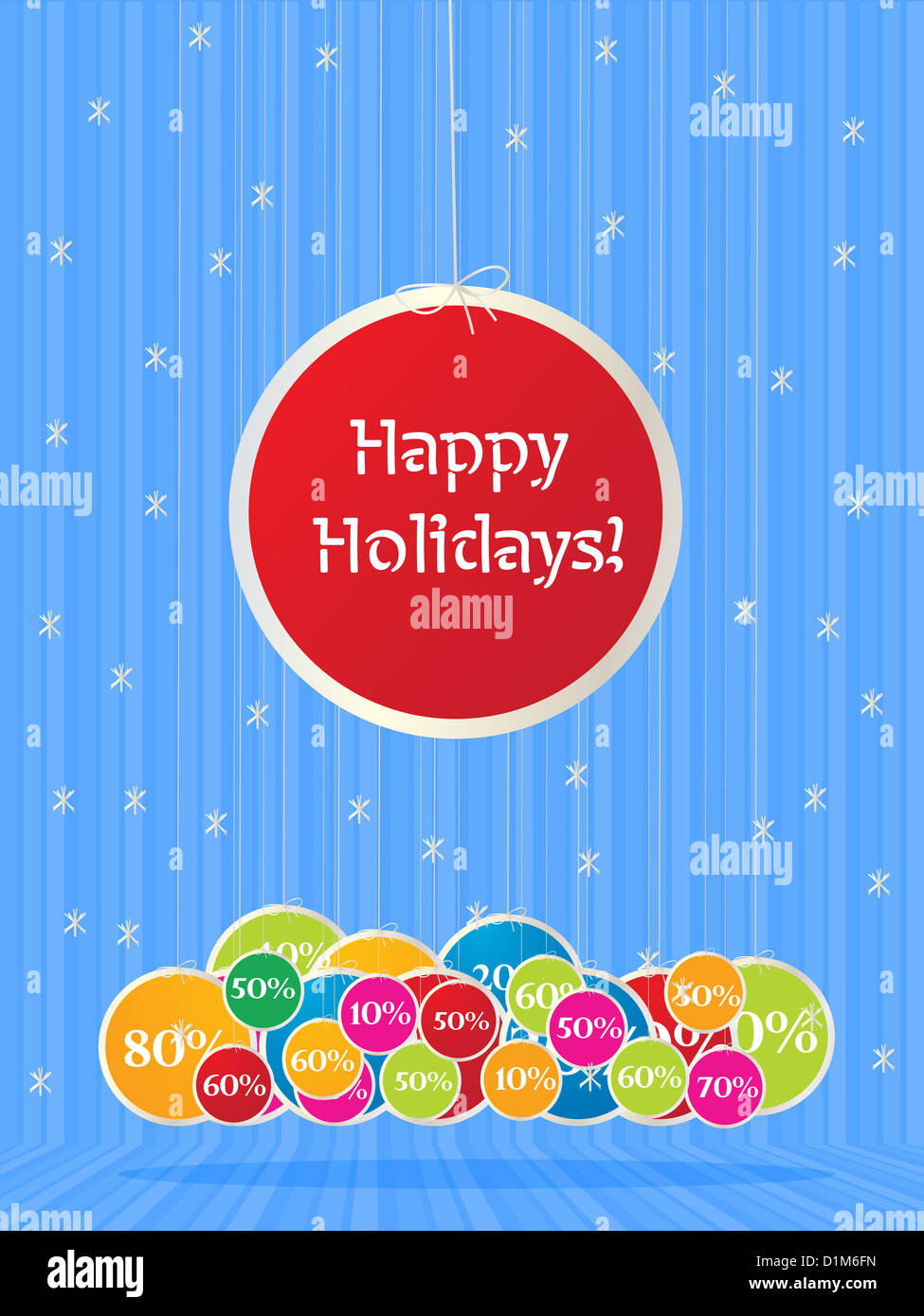 Illustration of a happy holiday sign over several sales labels in ...
