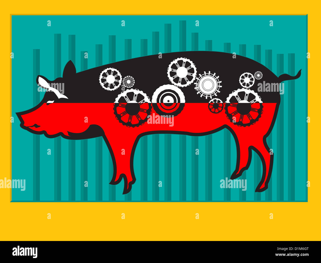 Conceptual pop art illustration of a pig with cog wheels and graphic ...