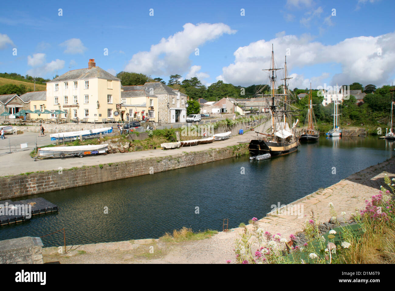 Hotel docks and sailing ships Charlestown Cornwall England UK Stock ...