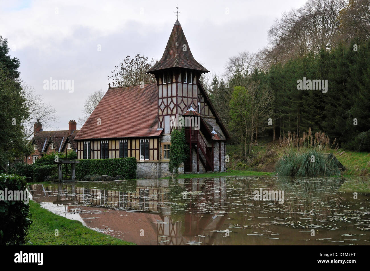 Old Church at Rickford with reflection in pond. Blagdon, Somerset Stock ...