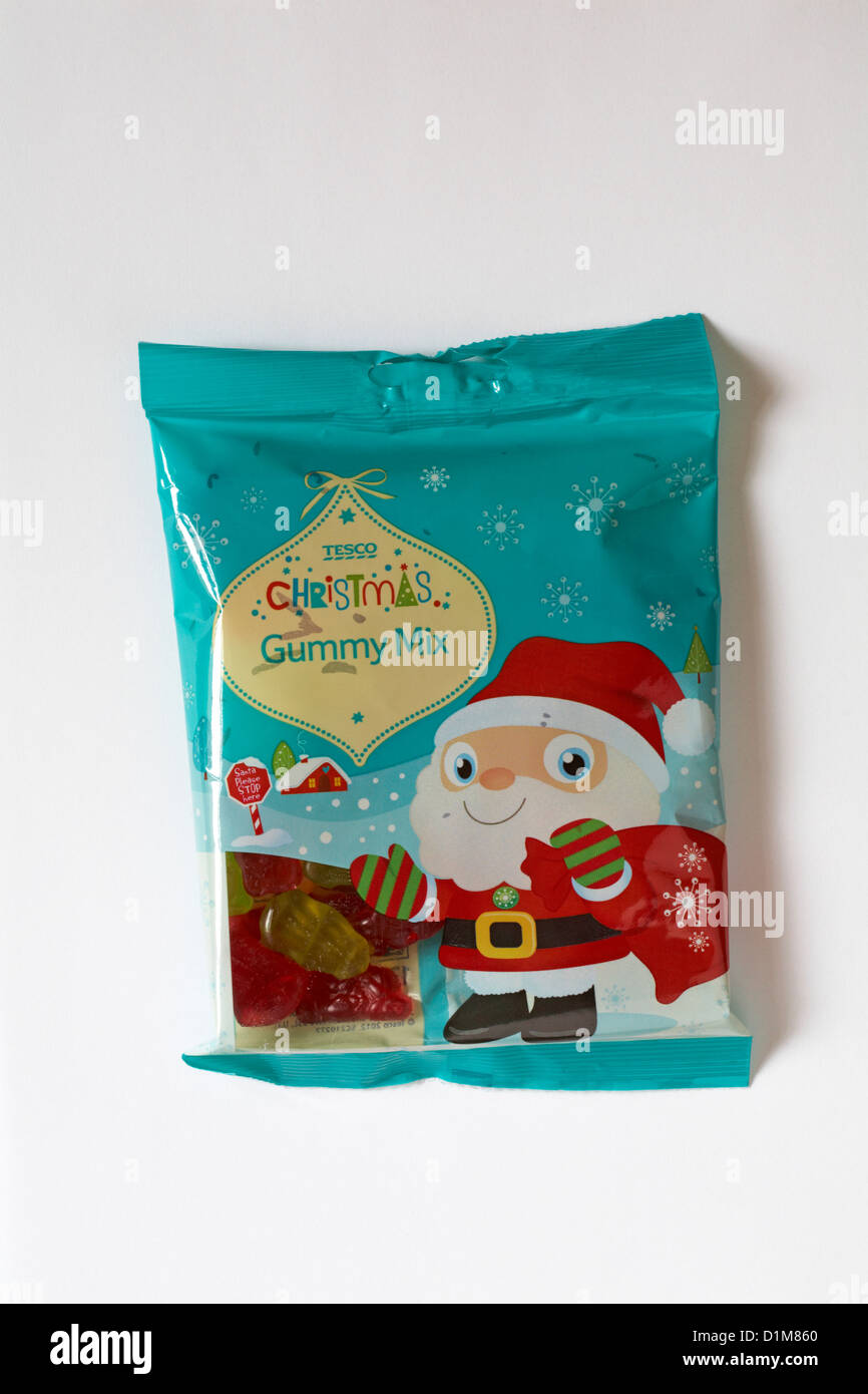 Packet of Tesco Christmas Gummy Mix sweets isolated on white background ...
