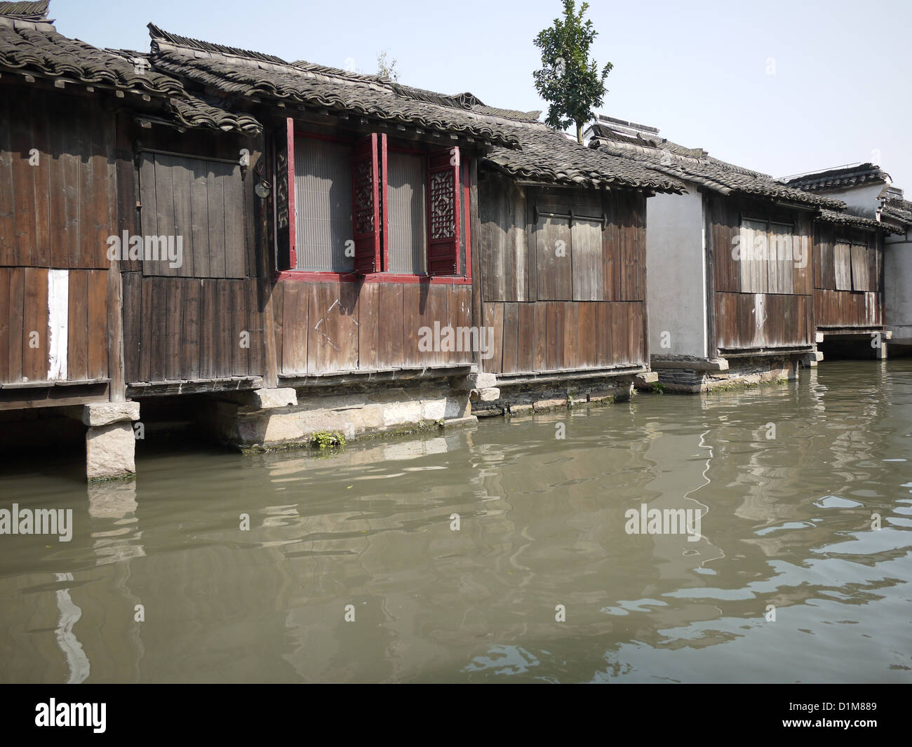 asian village wooden houses residential water canal river Stock Photo ...