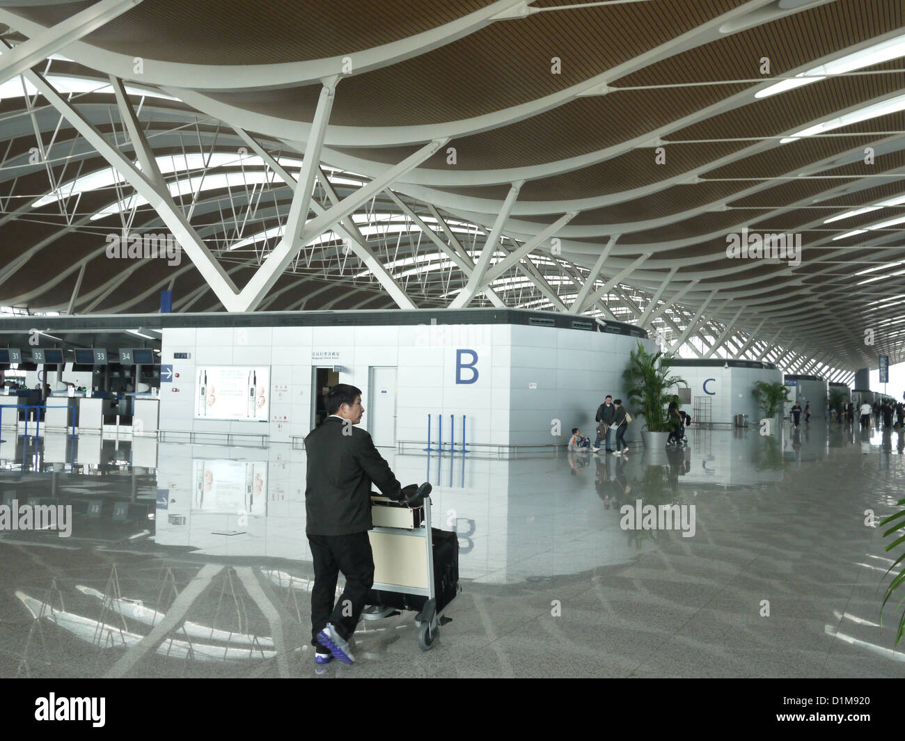 asian passenger pushing luggage inside airport Stock Photo - Alamy