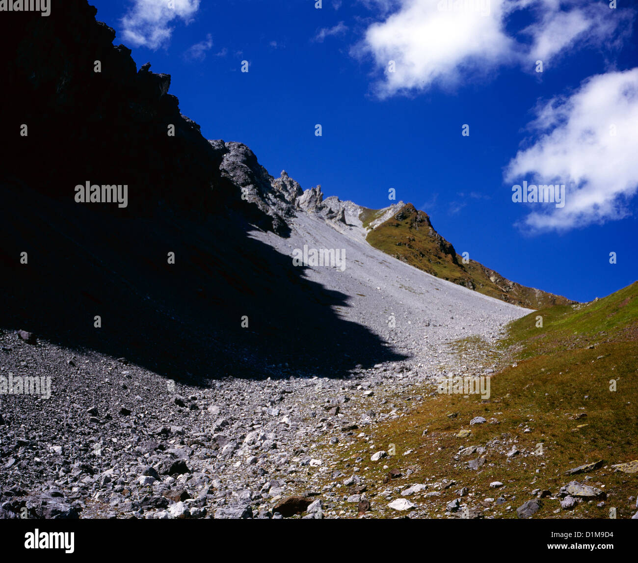 Scree slope beneath the summit of the Schiahorn from the Panoramaweg ...