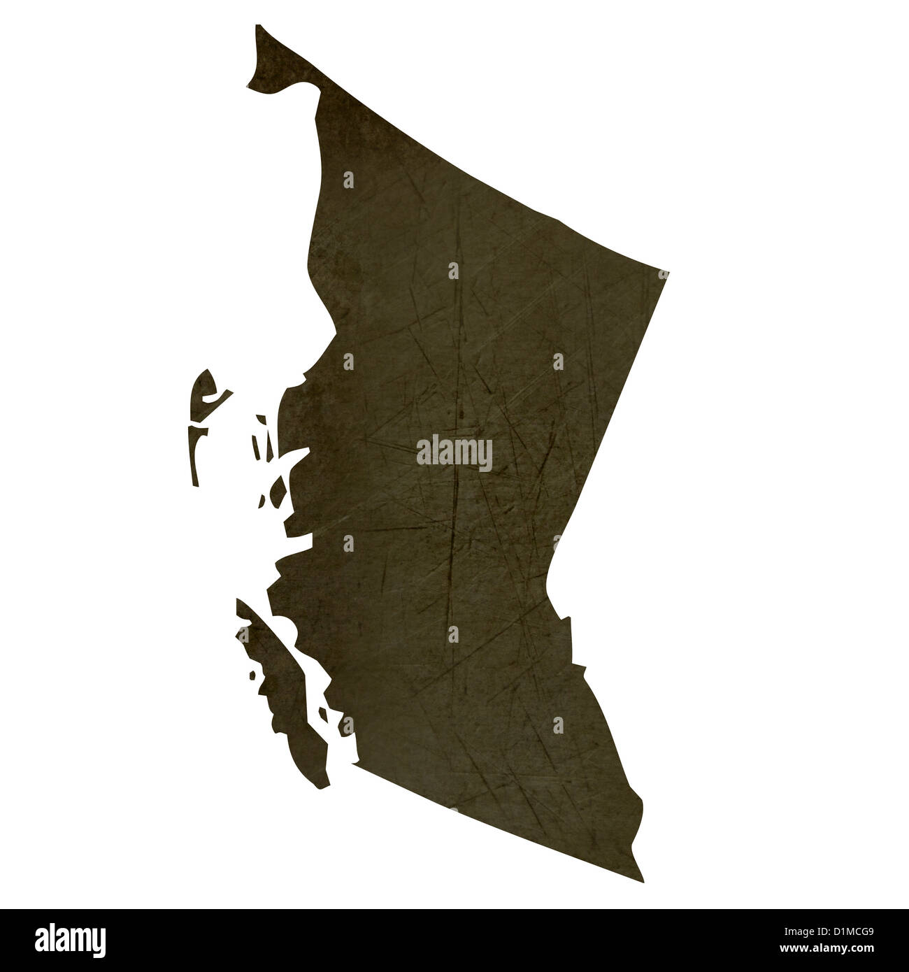 Dark silhouetted and textured map of British Columbia province of ...