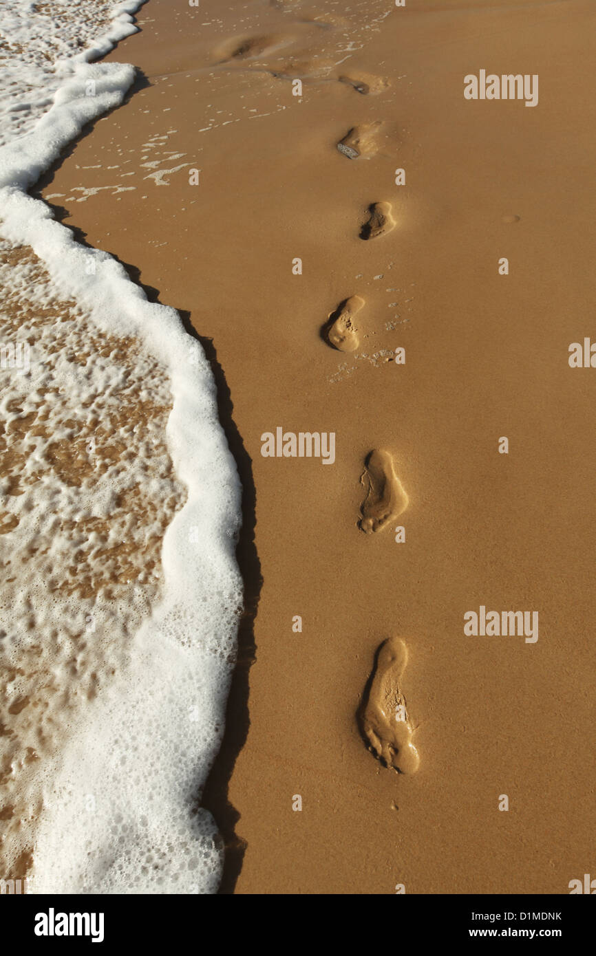 One set of human footprints in the wet sand on a deserted beach in the ...