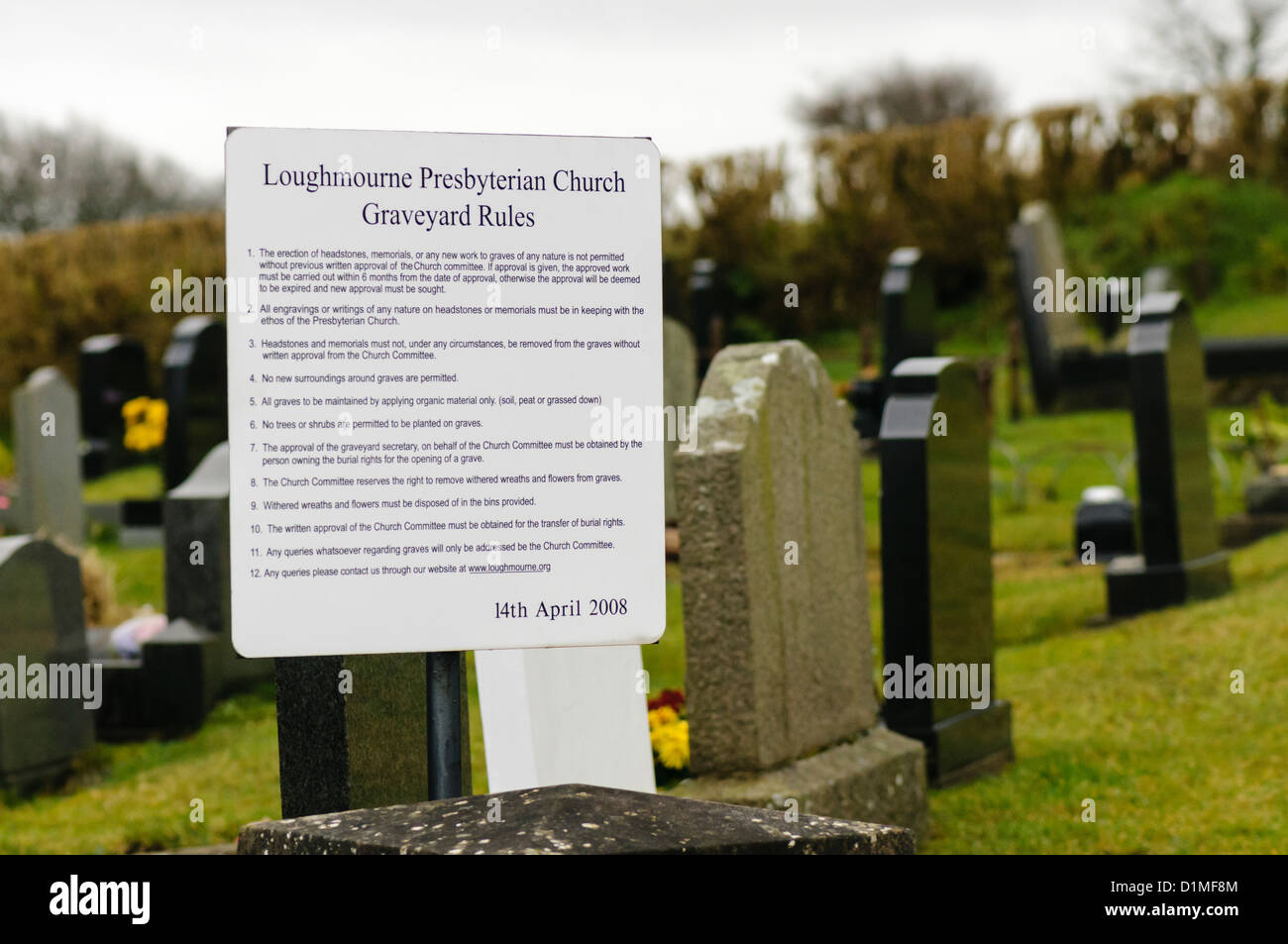 Sign displaying rules at Loughmourne Presbyterian Church graveyard ...