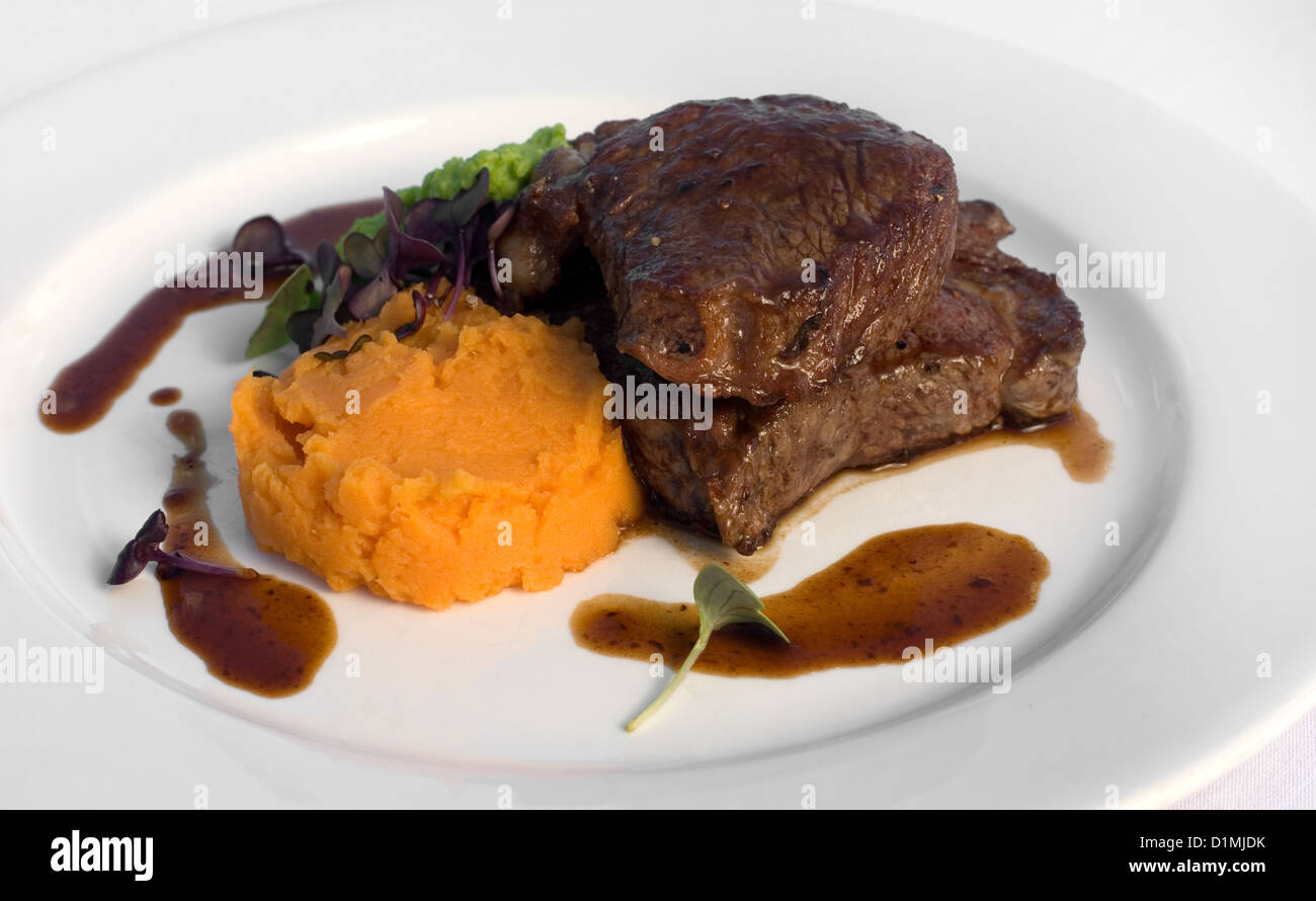 Pasture-fed Sirloin Steak, with Sweet Potato Mash, Pea Puree, and a Red ...