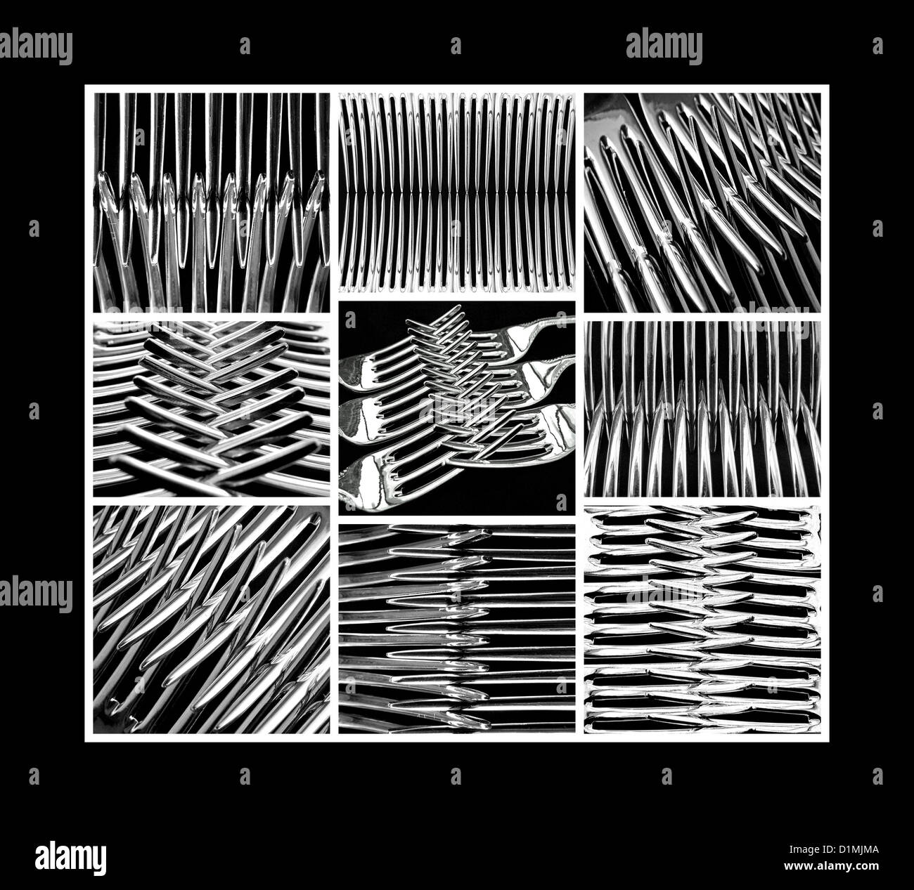 Silver-plated forks, arranged in different ways, and assembled into a ...