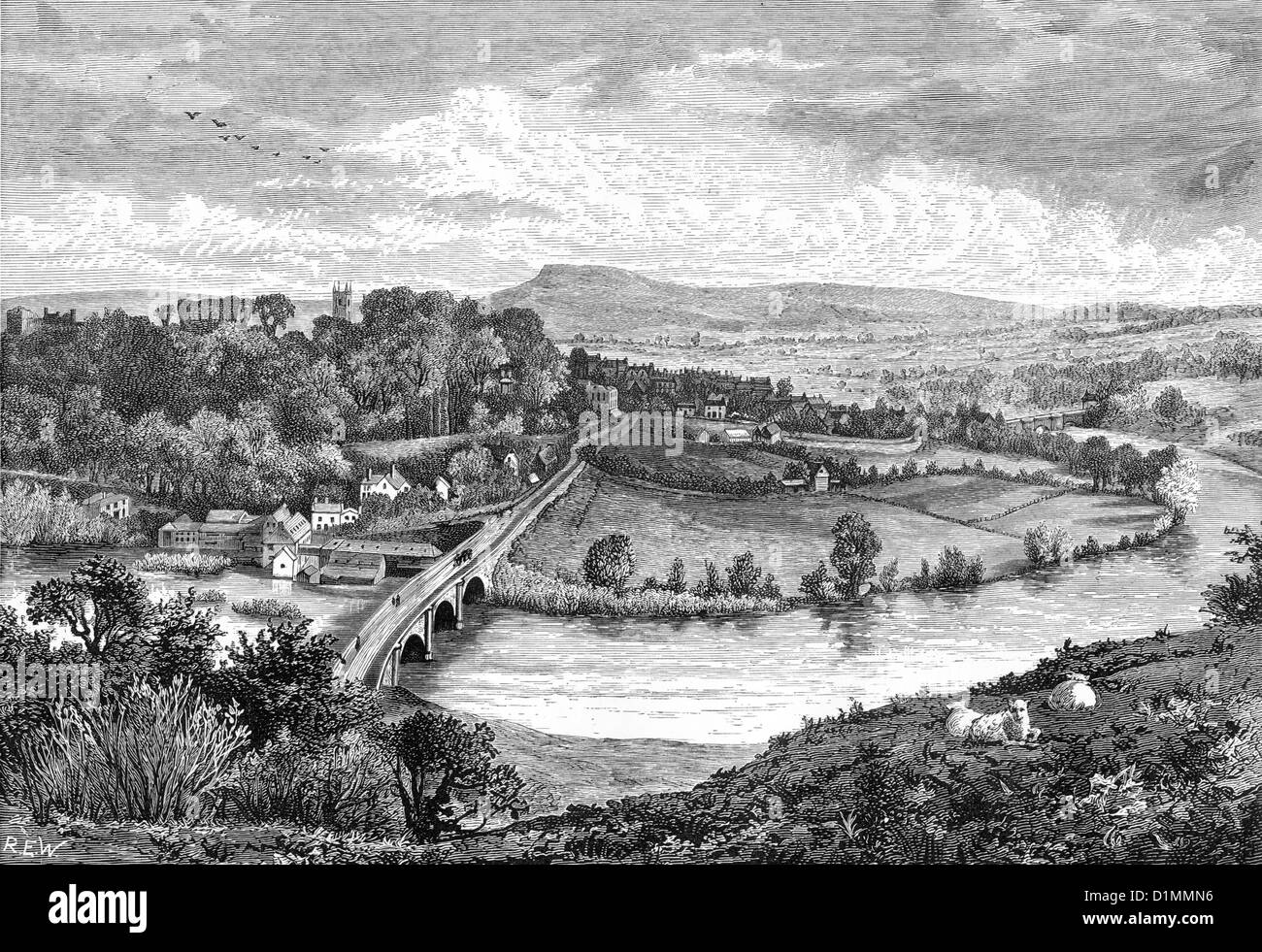 Ludlow from Whitcliffe. 19th Century Black and White Illustration Stock ...