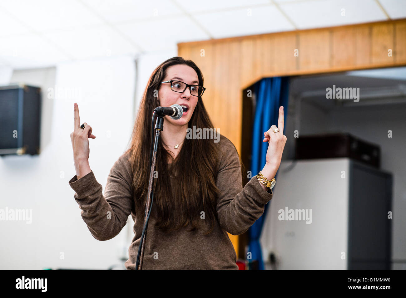JULIE GRADY THOMAS, stand up comedy performer, at an open mike ...