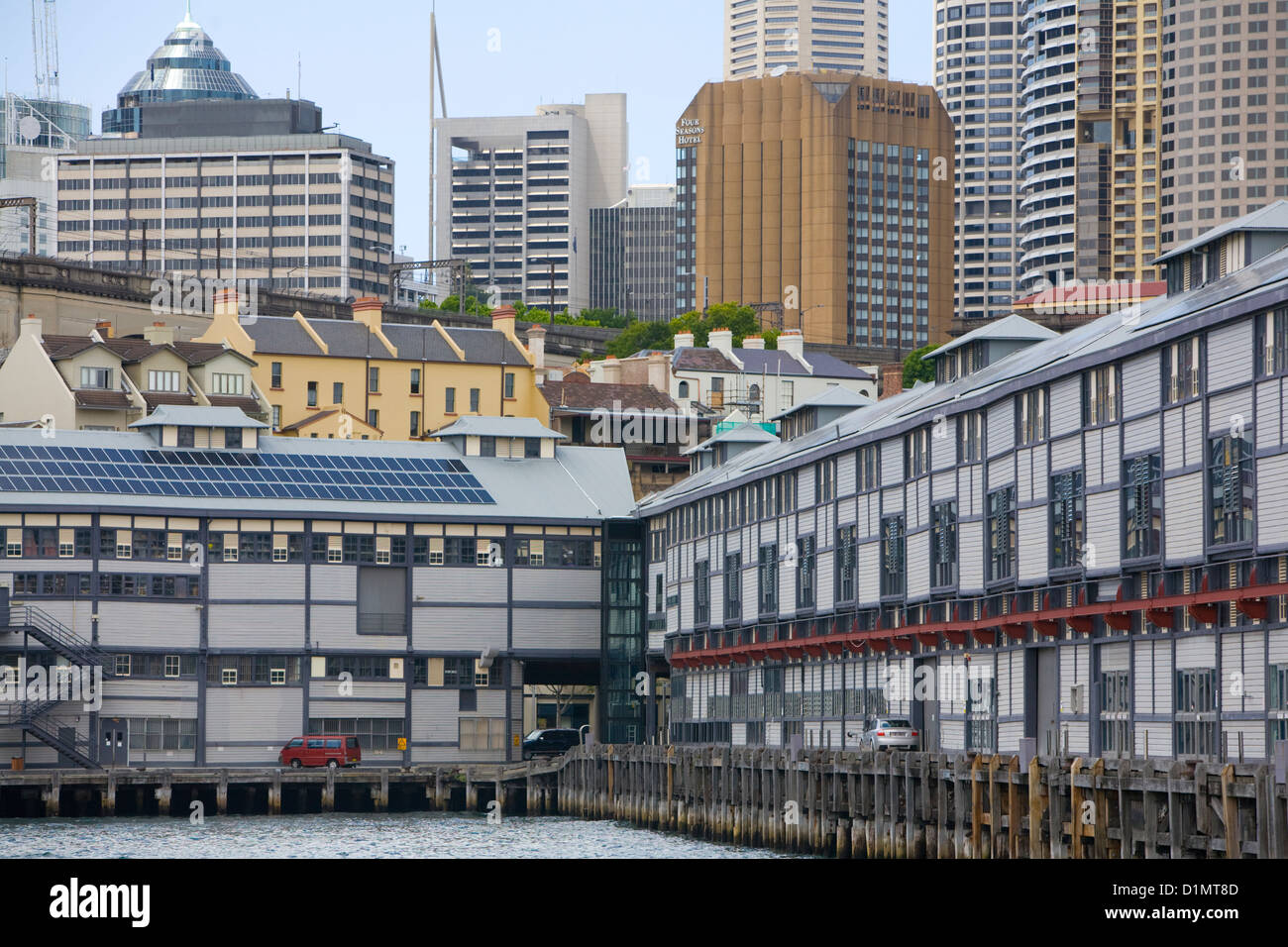 sydney skyline and wharf buildings, viewed from harbour bridge looking ...