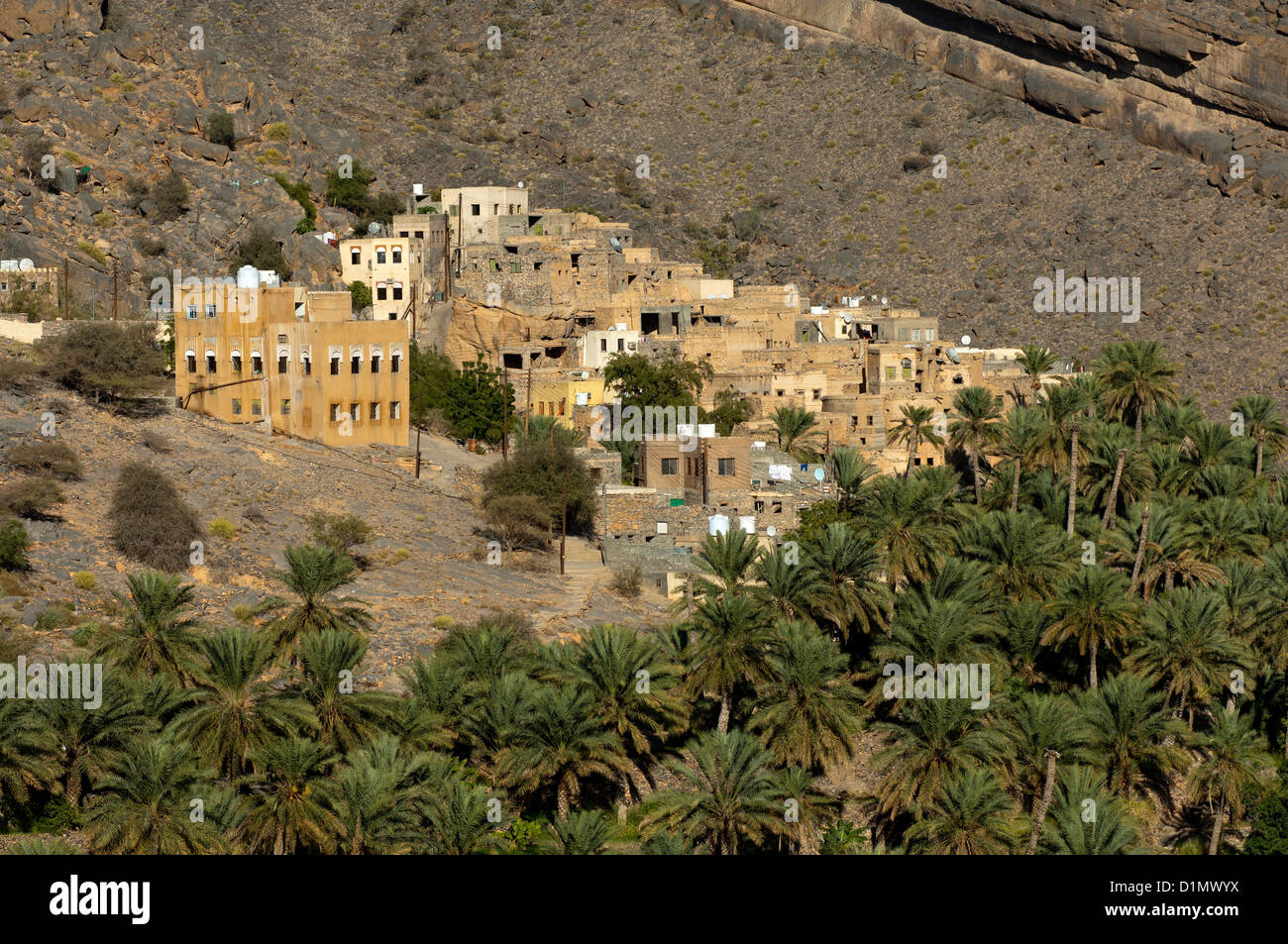 Mountain village of Misfah al Abriyeen in the foothills of the Hajar ...