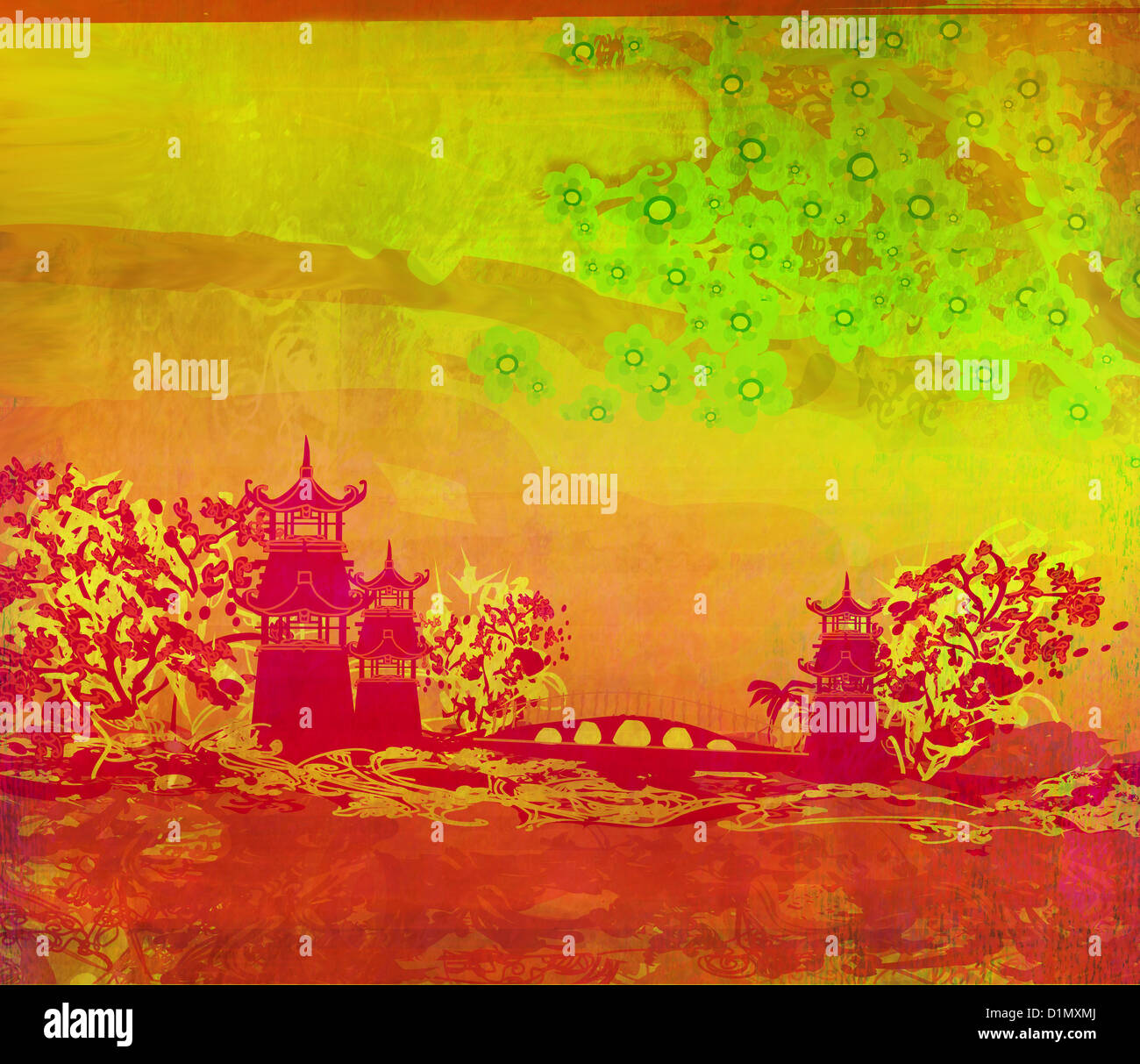 old paper with Asian Landscape Stock Photo - Alamy