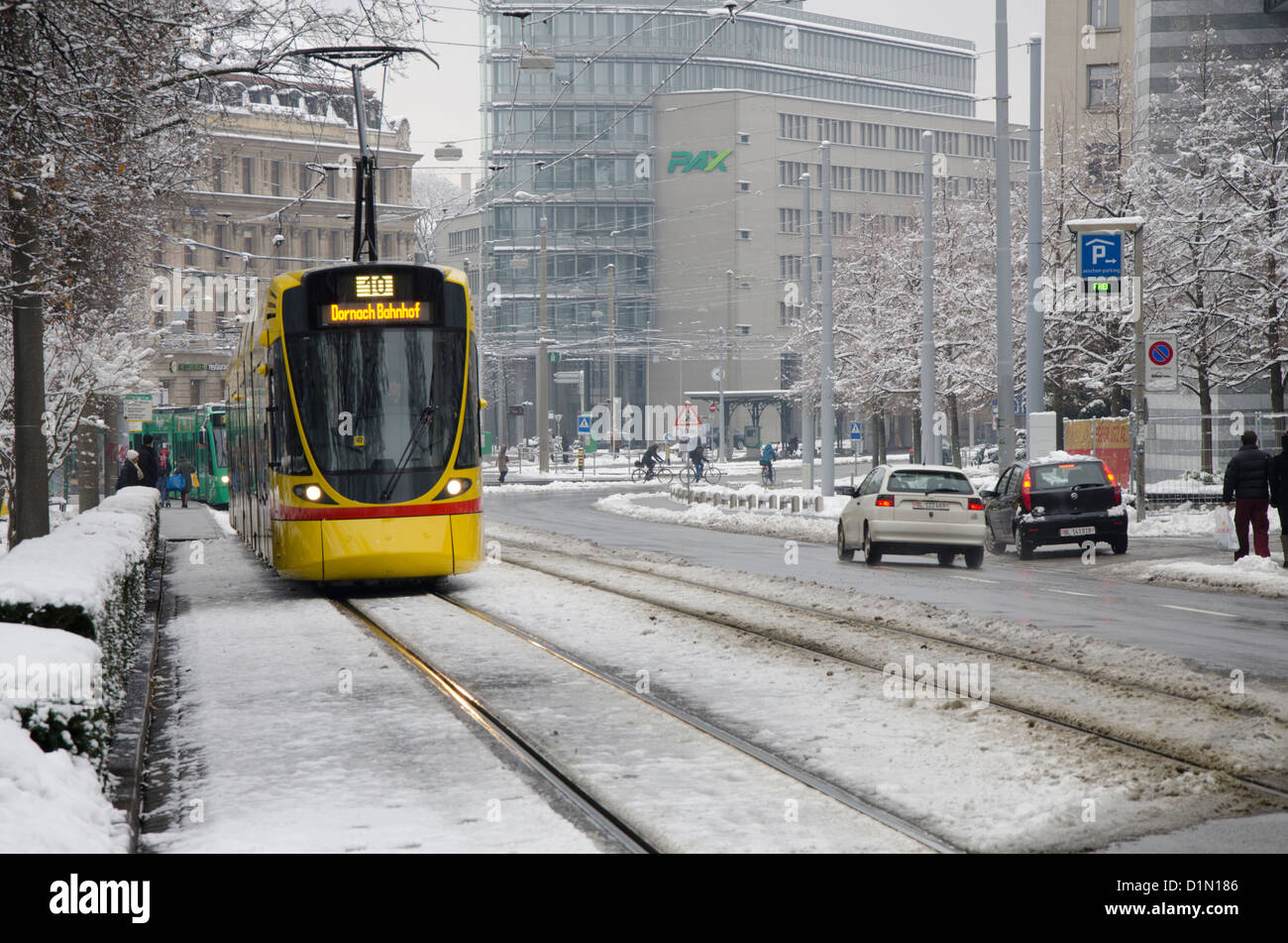 Switzerland, Basel. Downtown Basel in winter. City public ...