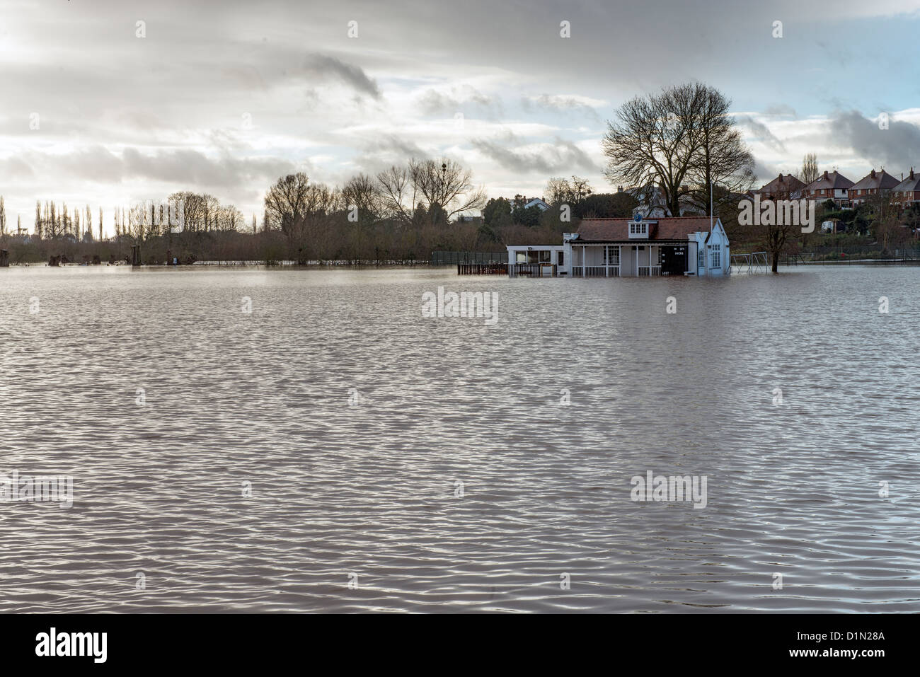 Cricket pavilion surrounded by flood water Stock Photo - Alamy