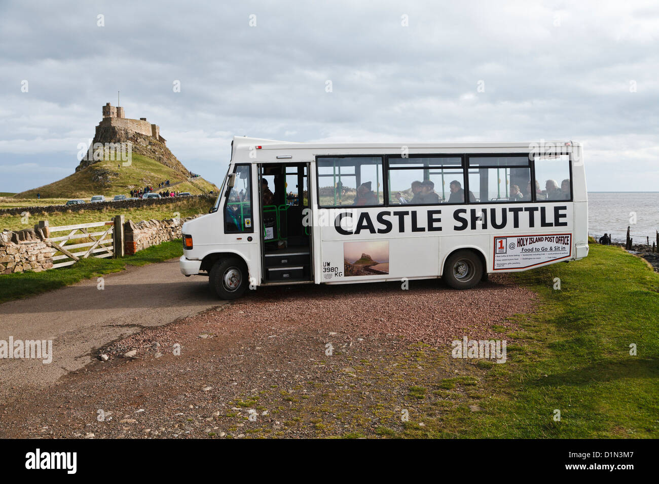 The Lindisfarne Castle shuttle bus, Holy Island, Northumberland Stock ...