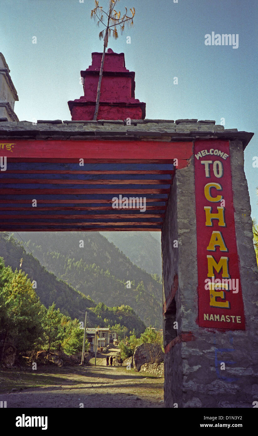 Entrance gate archway to Chame village on the Annapurna circuit in ...