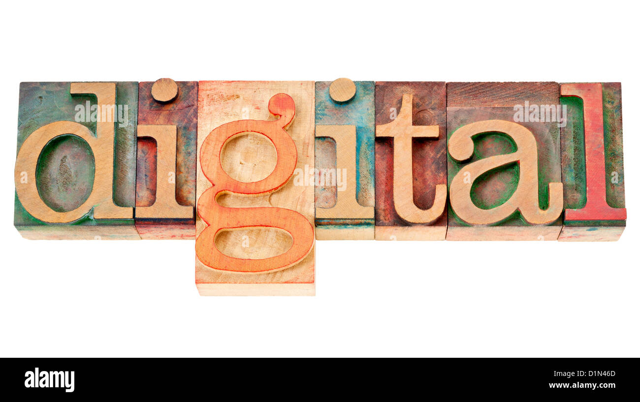 digital - isolated word in vintage letterpress wood type blocks Stock ...