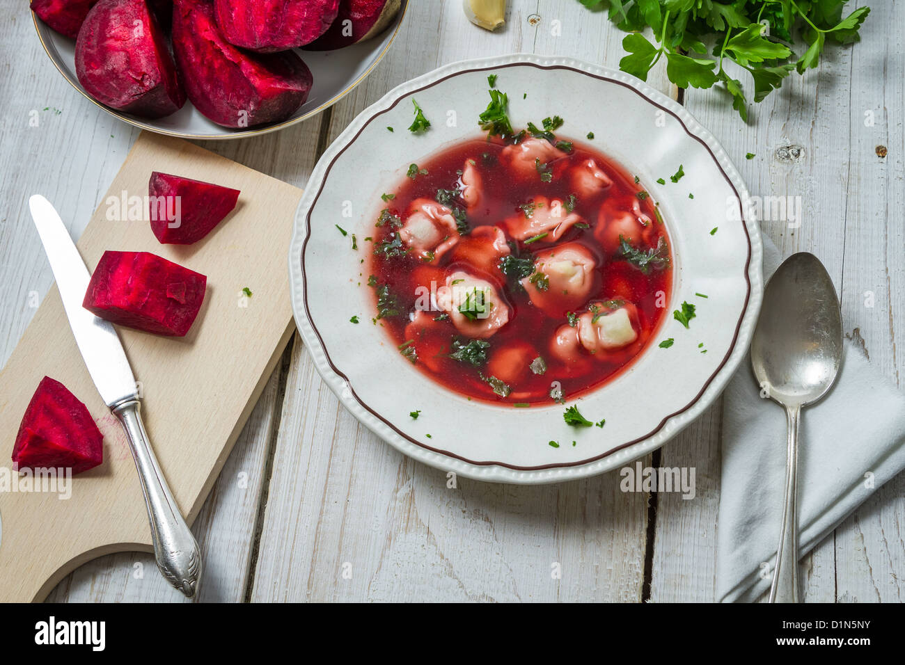 Fresh ingredients for borscht served in a rustic way Stock Photo - Alamy