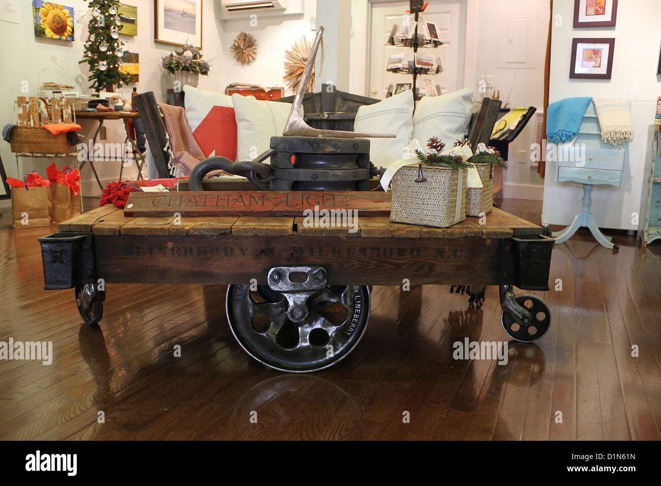A coffee table crafted from rail wheels and boards at the Atlantic ...