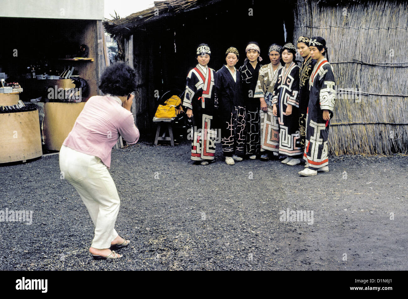 Six young Japanese women dress up in 1962 in traditional Ainu clothing ...