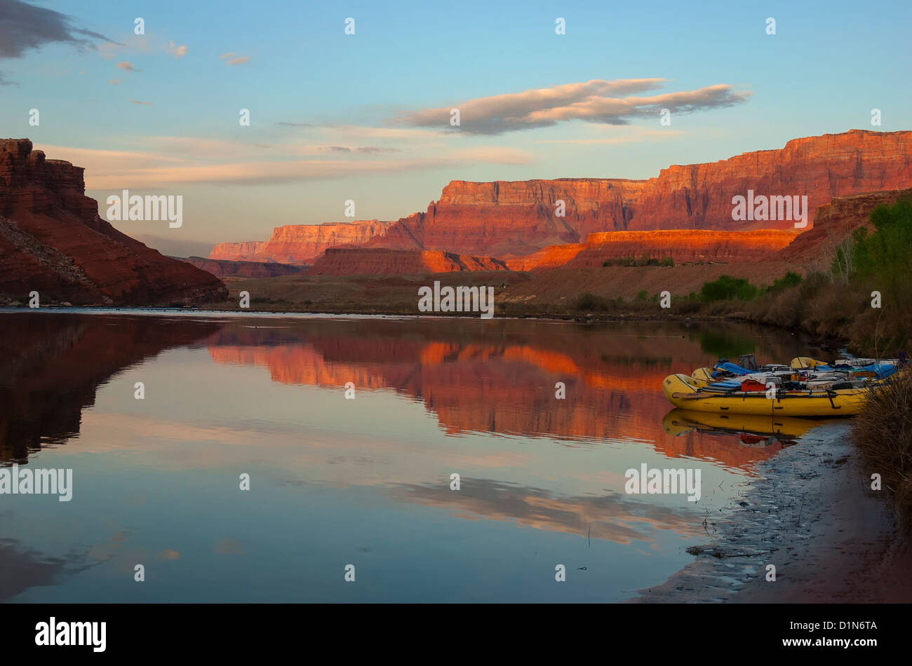 Rafts on the shore of the Colorado River at Lee's Ferry, Arizona. Lee's ...