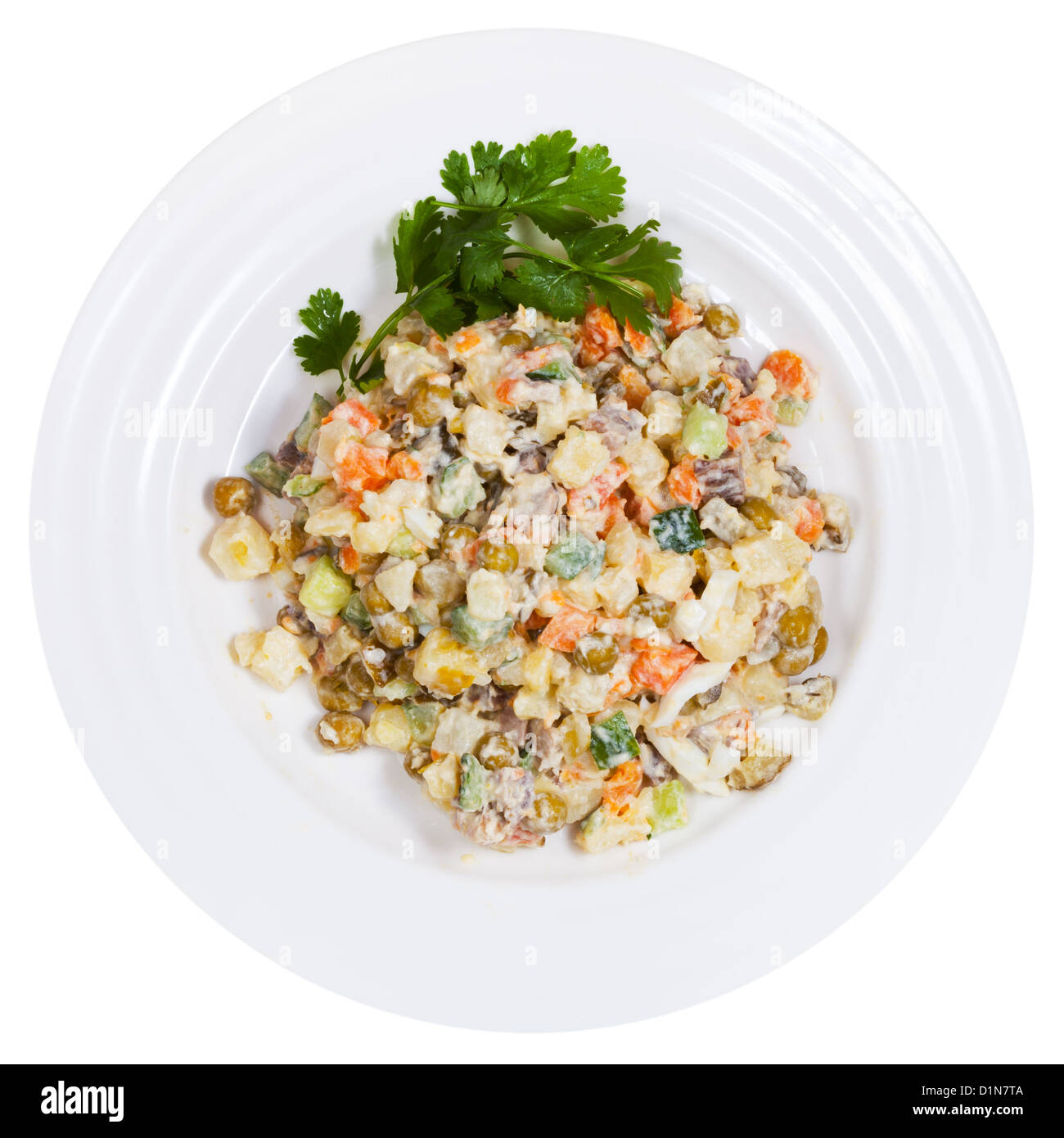 top view of Russian Olivier salad traditional salad dish from Russia ...